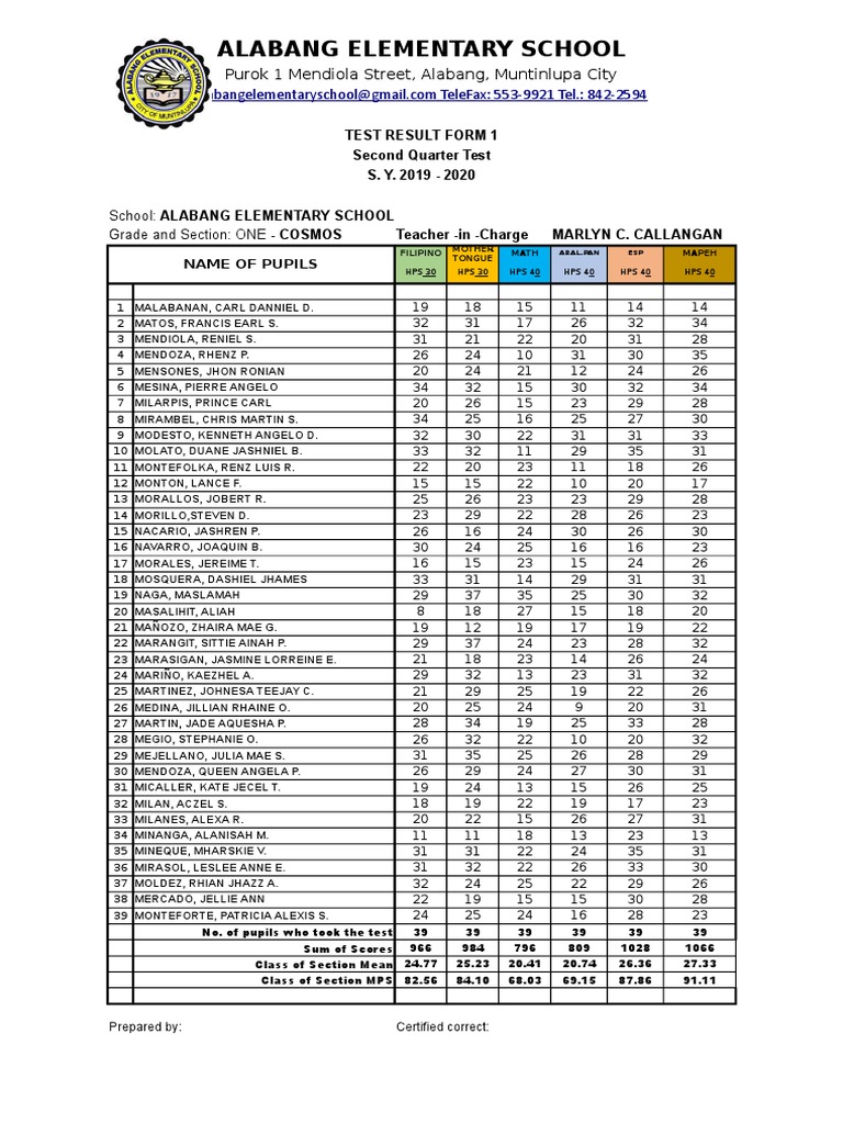 2nd Grading - Cosmos Test Result Blank | PDF