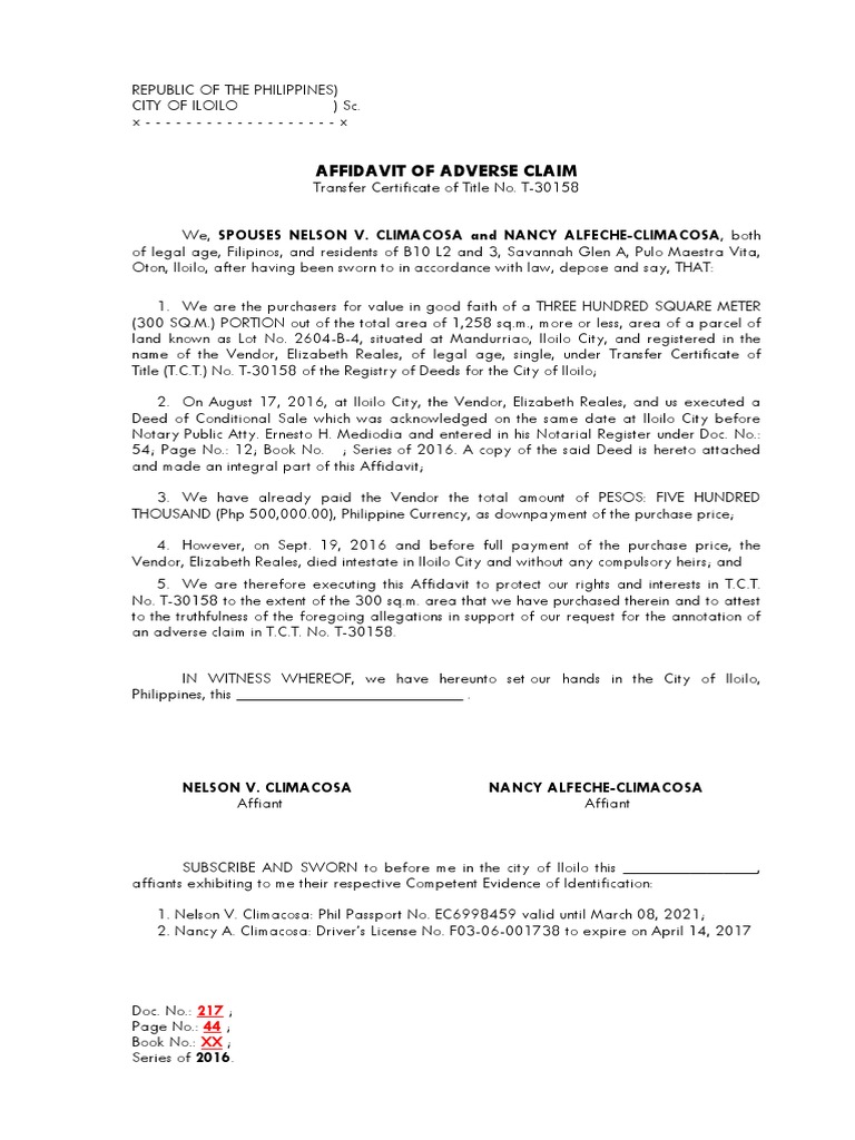 Affidavit of Adverse Claim | PDF | Affidavit | Document