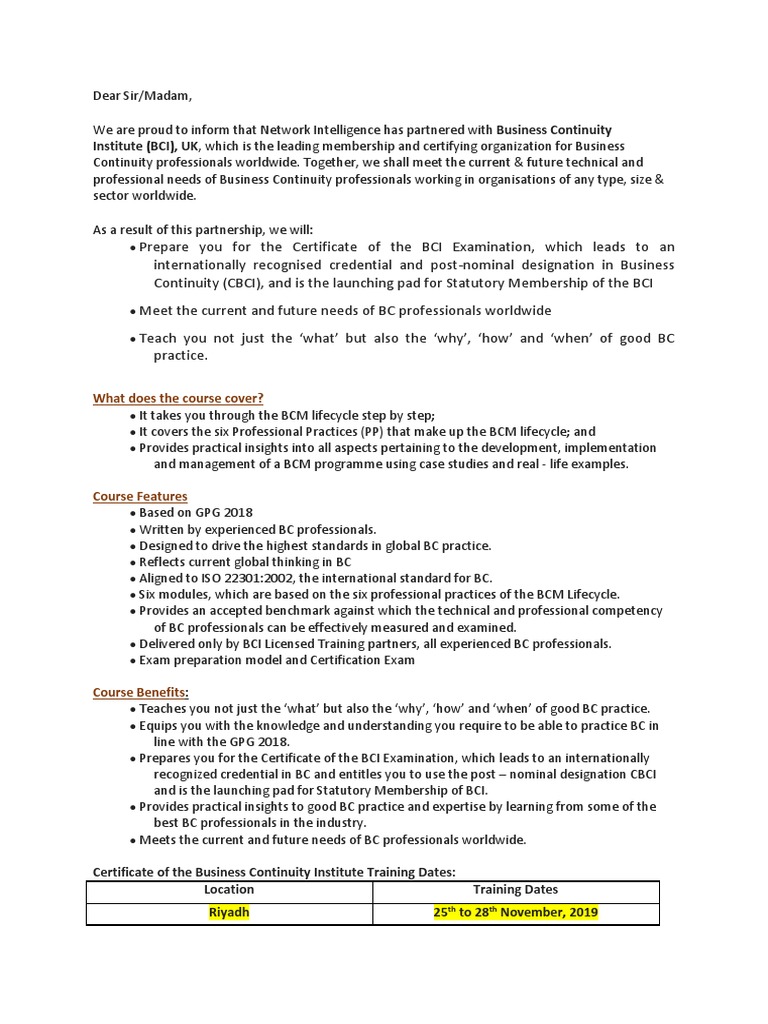 Institute (BCI), UK, Which Is The Leading Membership and Certifying ...