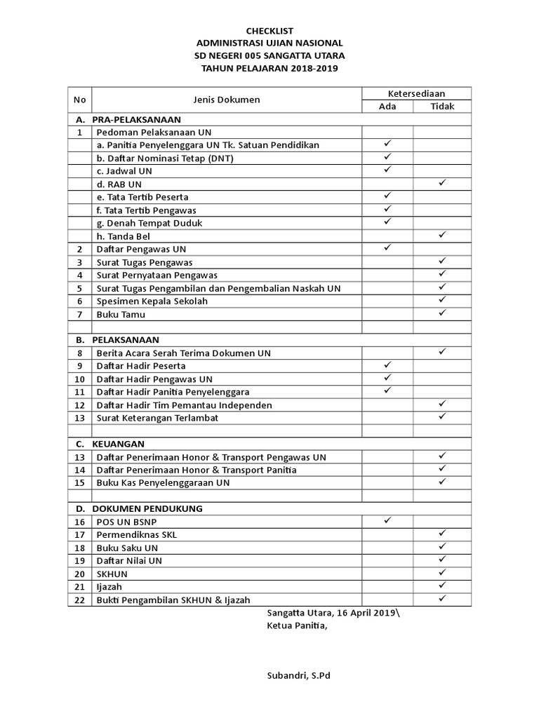 Checklist Administrasi Un | PDF