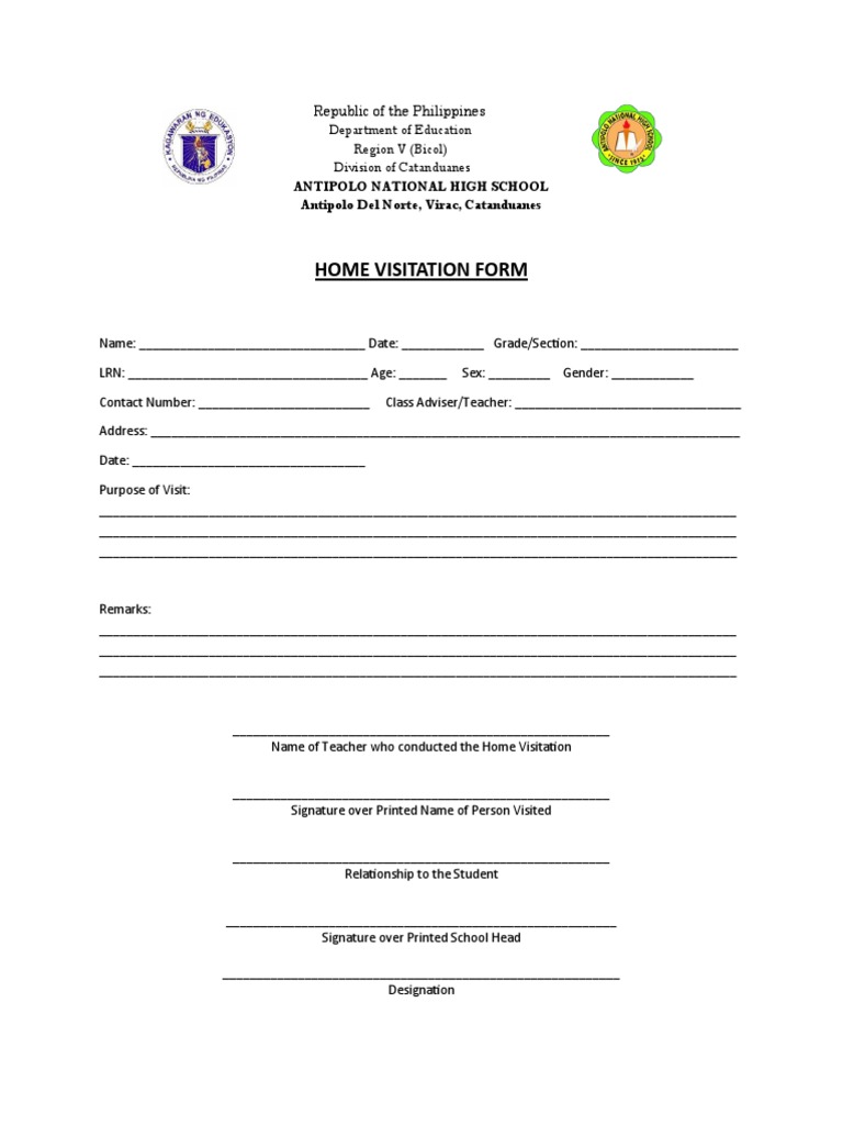 Home Visitation Form: Antipolo National High School Antipolo Del Norte ...