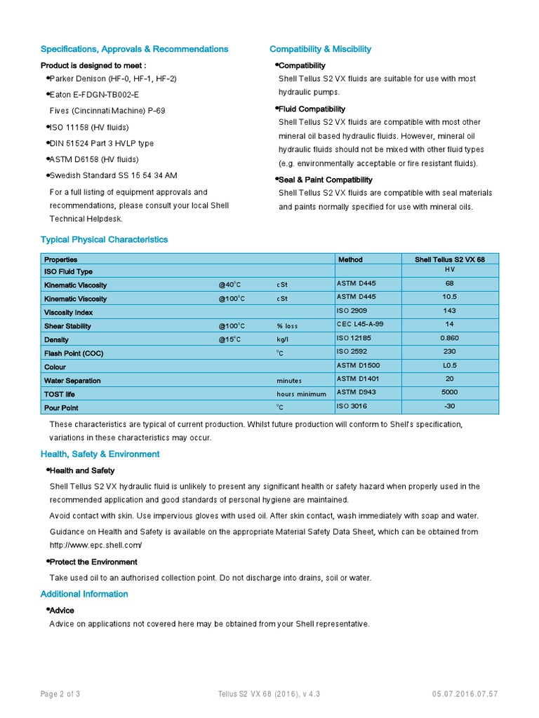Shell Tellus s2 VX 68 | PDF | Viscosity | Liquids