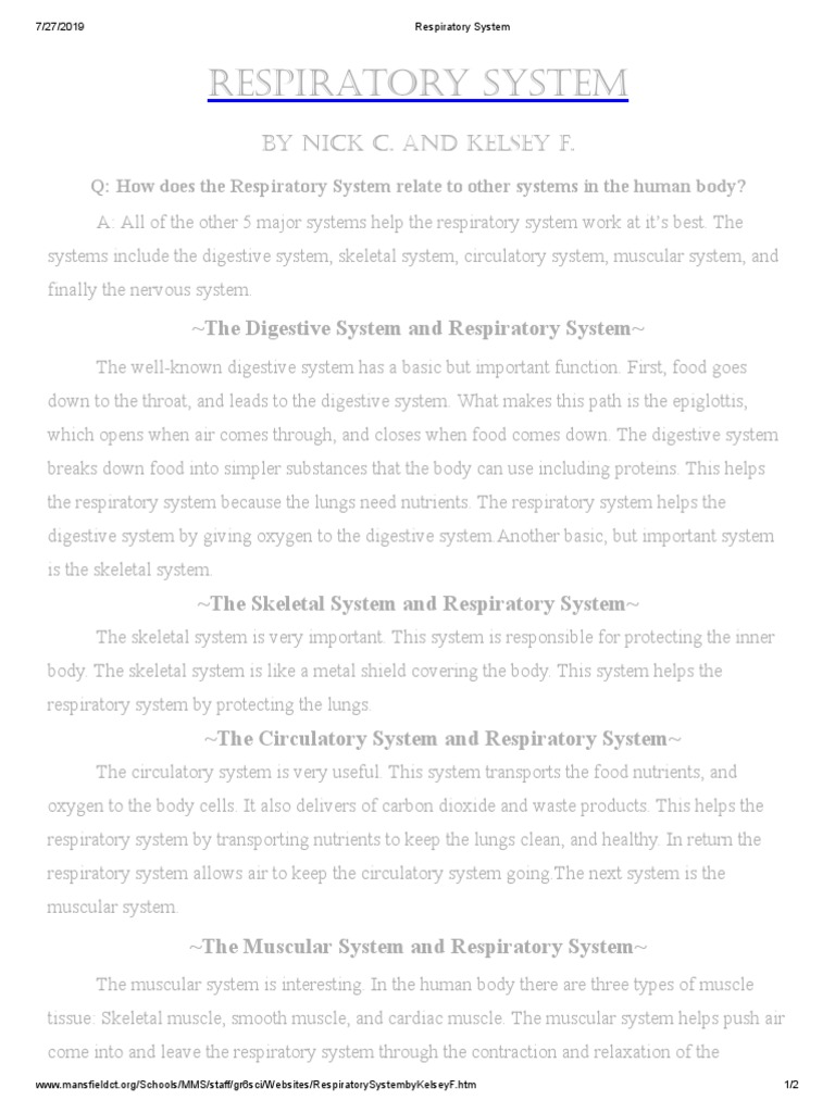 Respiratory System: by Nick C. and Kelsey F | PDF | Human Body ...