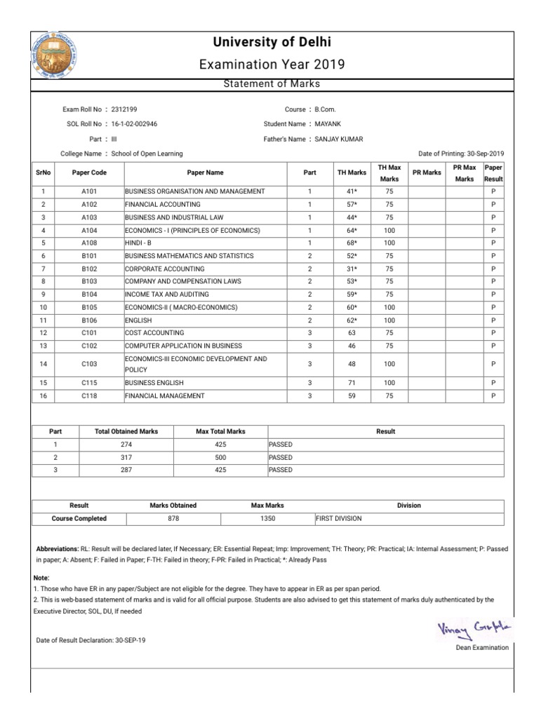 B.Com. 2019 Marks Statement | PDF | Accounting | Economies