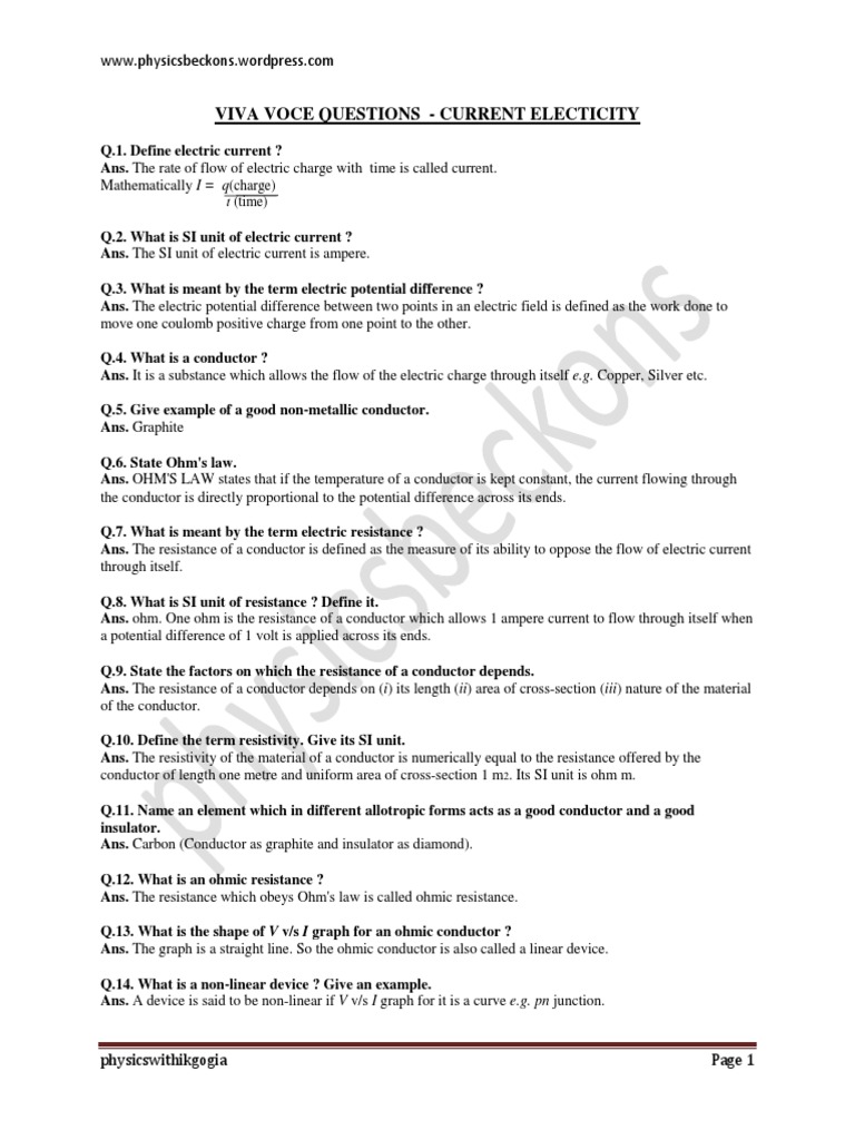 Viva Voce Questions - Current Electicity: (Charge) T (Time) | PDF | Waves | Electrical ...