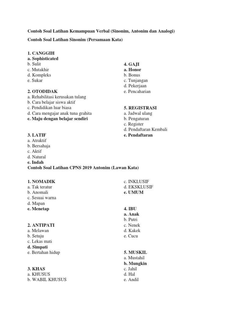 Contoh Soal Latihan Tes Verbal | PDF