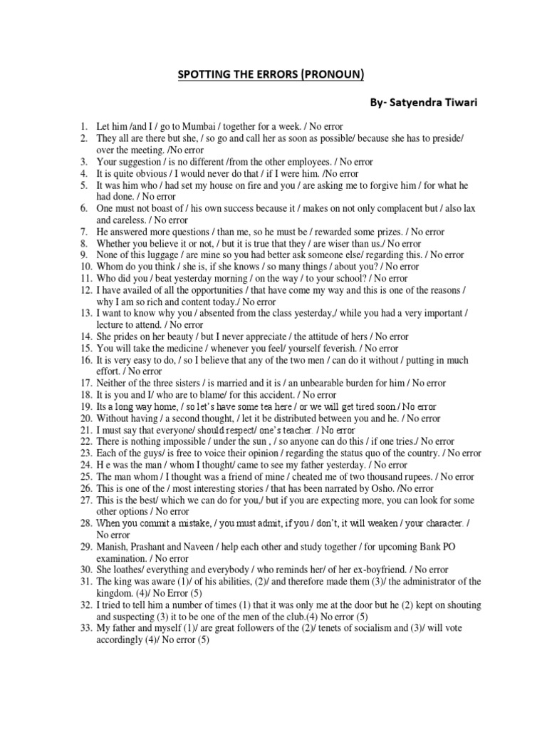 Pronoun Errors Questions | PDF