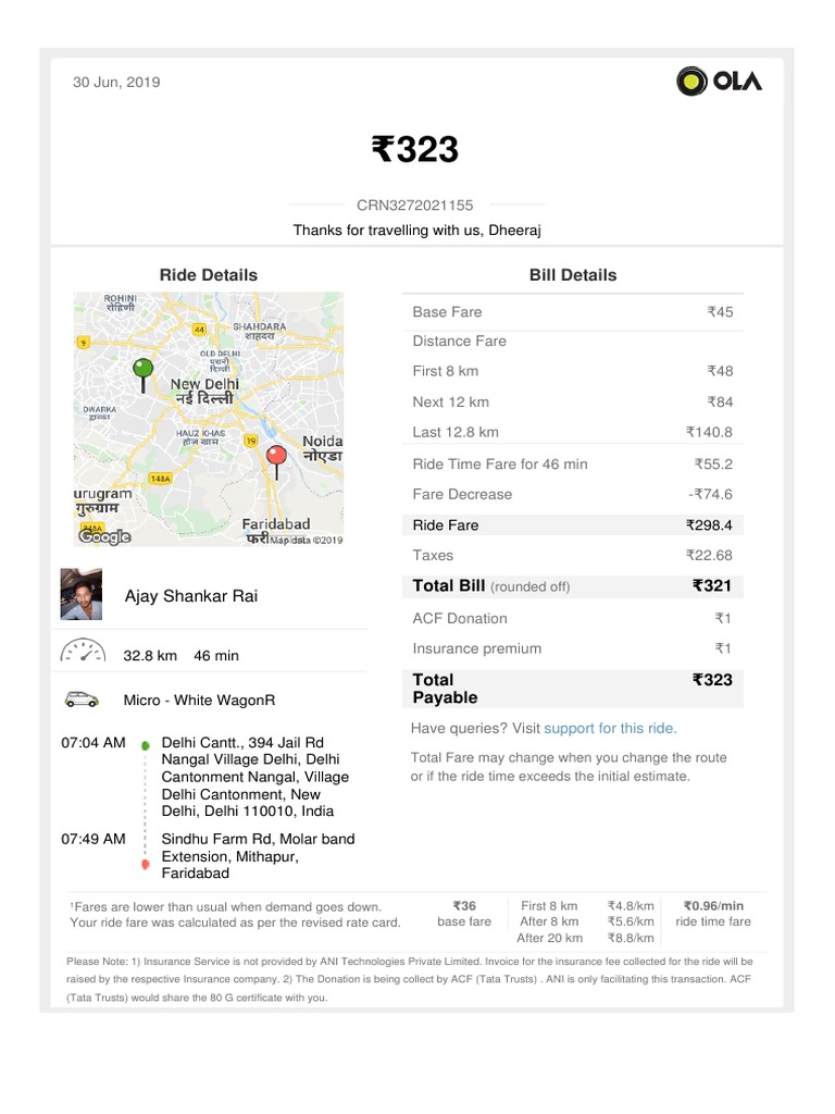 An Ola ride receipt documenting a trip from Delhi to Faridabad with ...