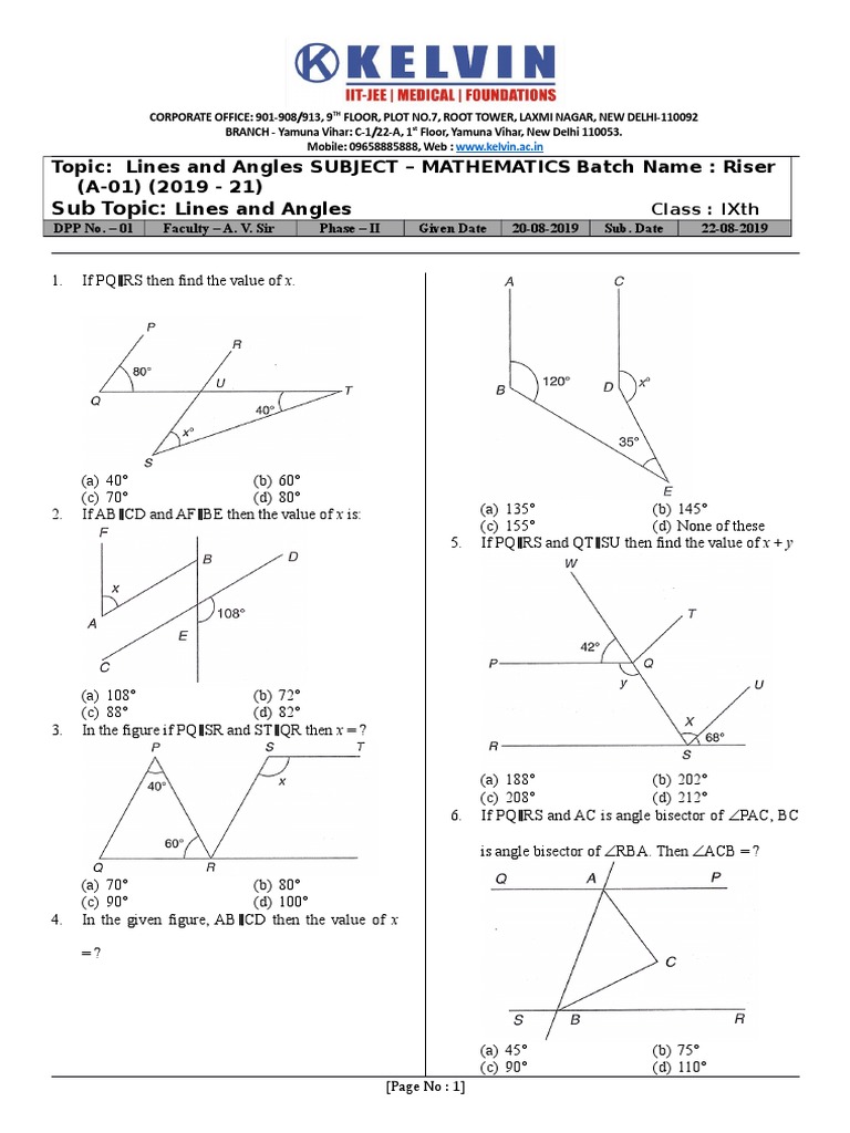 DPP-01. Riser A - 01 (2019-21) - Lines and Angles - 20-08-2019 | PDF | Elementary Geometry ...
