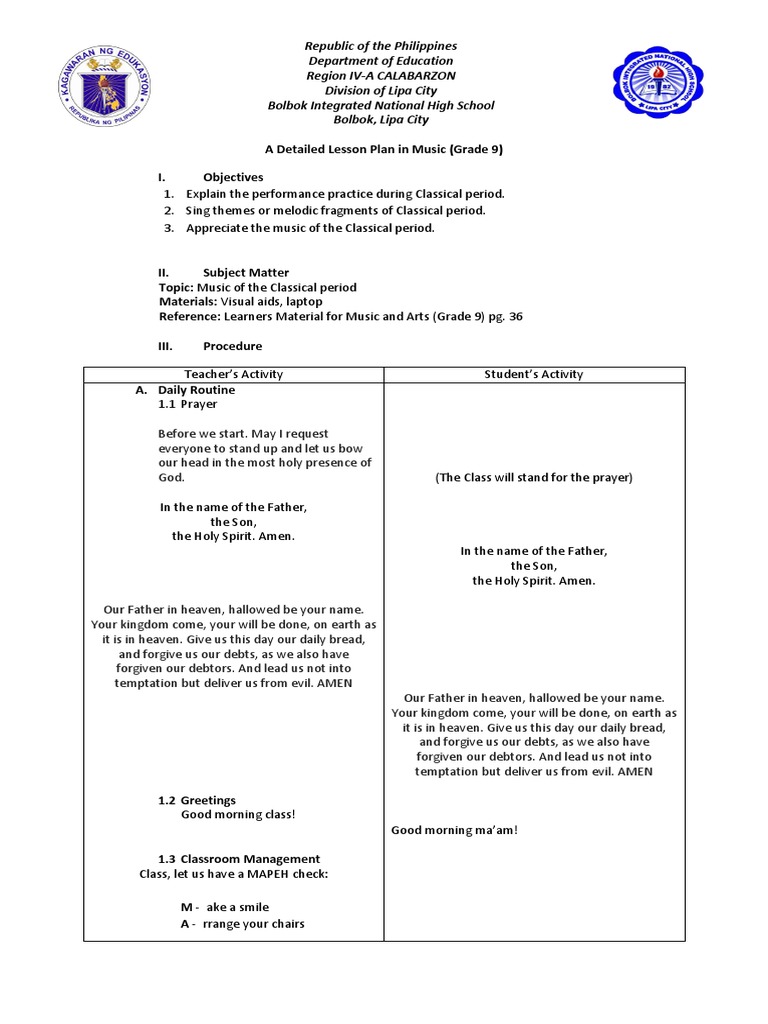 A Detailed Lesson Plan in Music (Grade 9) I. Objectives | PDF | Lord's ...