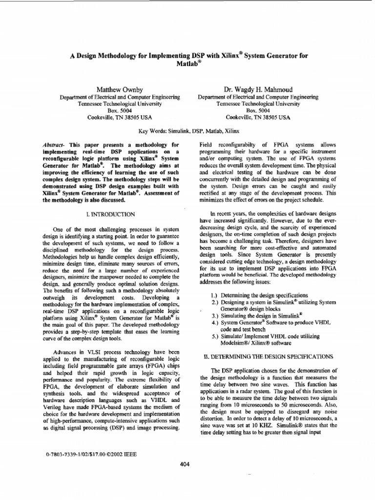 A Design Methodology For Implementing Dsp With Xilinx System Generator For Matlab Pdf Vhdl