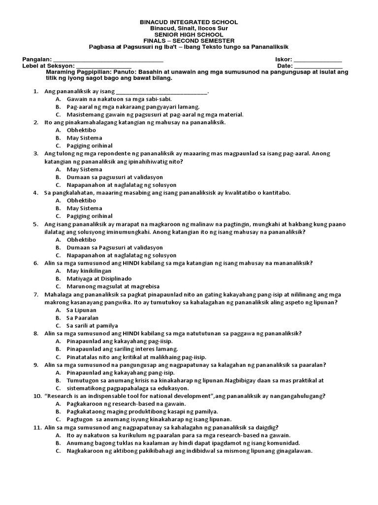 Pagbasa Finals 2nd Sem | PDF