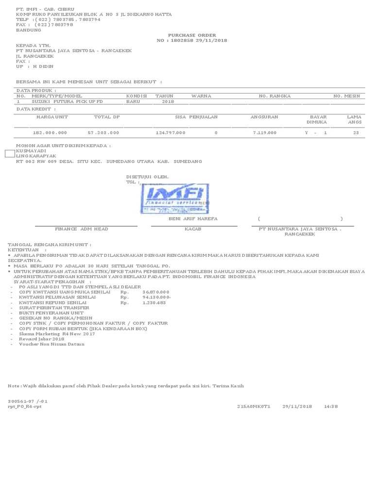 Pesanan Unit Mobil PT. IMFI Cibiru | PDF