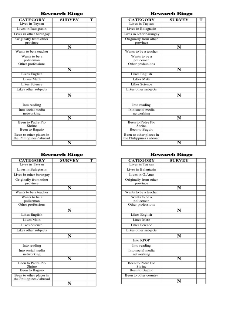Research Bingo Research Bingo: Category Survey T Category Survey T ...
