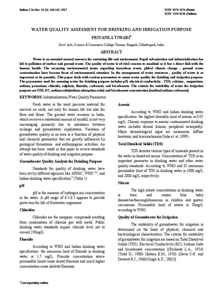 Analysis of Water Quality Parameters for Assessing Suitability of ...