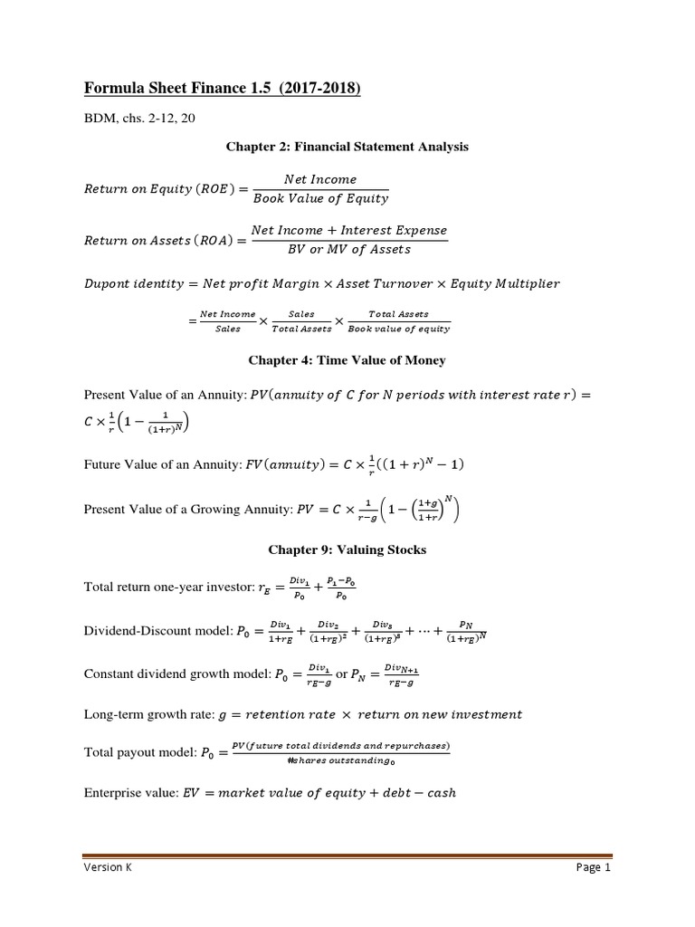 Formula Sheet Finance | PDF | Capital Asset Pricing Model | Beta (Finance)