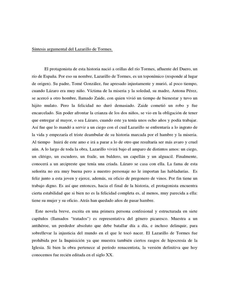 El Lazarillo de Tormes - Síntesis Argumental | PDF