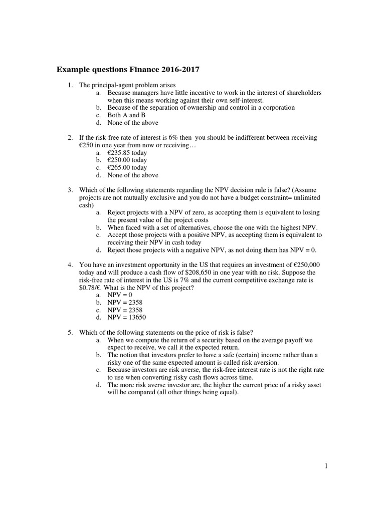 Example Questions Finance 2016-2017 | PDF | Bonds (Finance) | Cost Of ...
