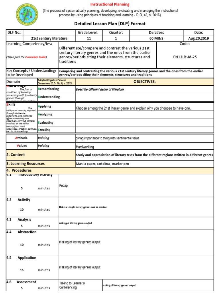 Detailed Lesson Plan (DLP) Format: Objectives: Nowledge | PDF | Lesson ...