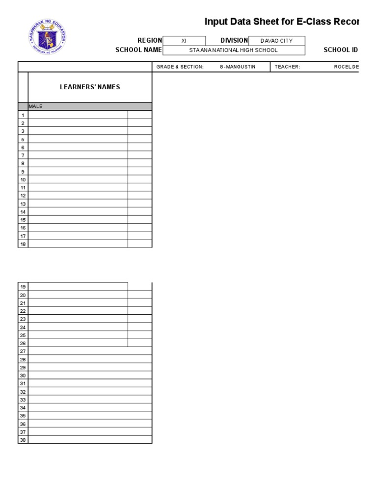 Input Data Sheet For E-Class Record: Region Division School Name School Id | Download Free PDF ...