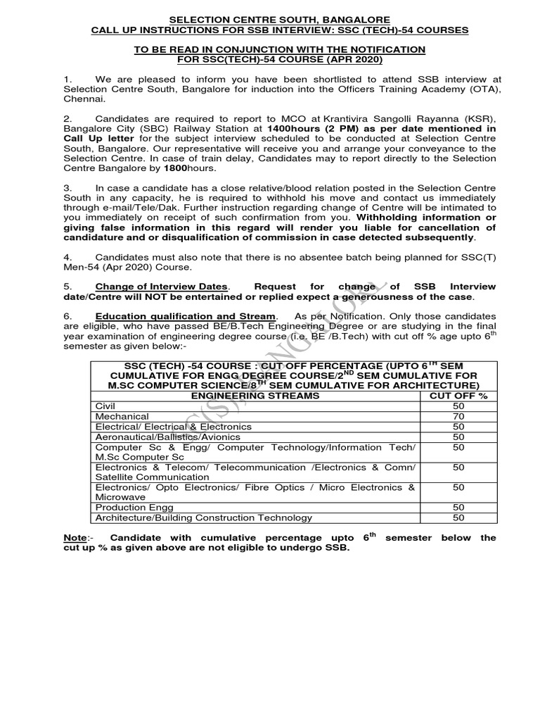 SSB Interview Call-Up Instructions | PDF | Telecommunication ...