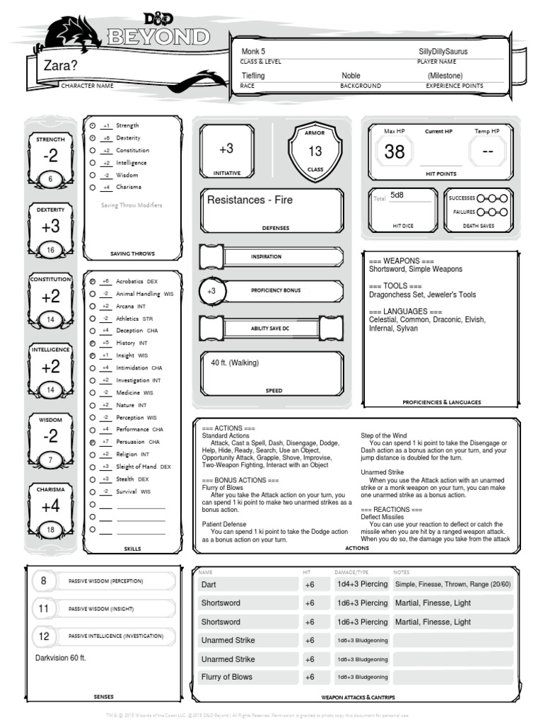 Zara Character Sheet | PDF | Role Playing | D20 System