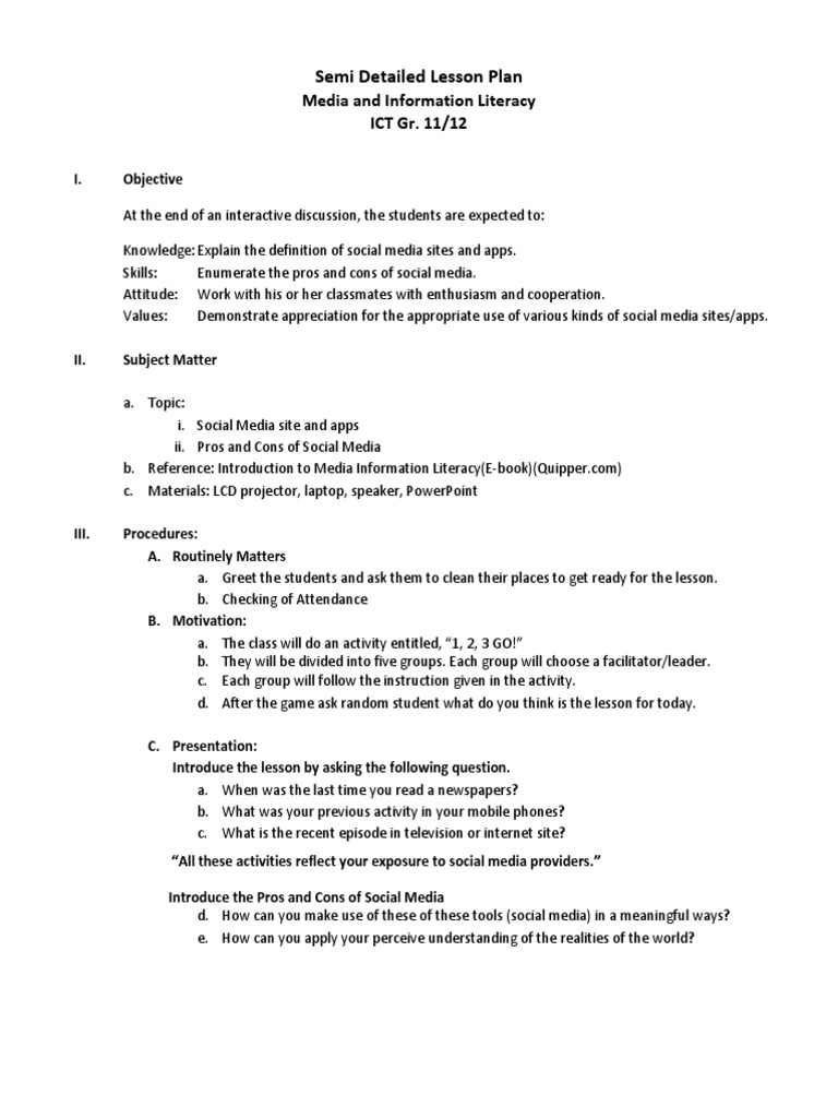 Semi Detailed Lesson Plan: Media and Information Literacy ICT Gr. 11/12 ...