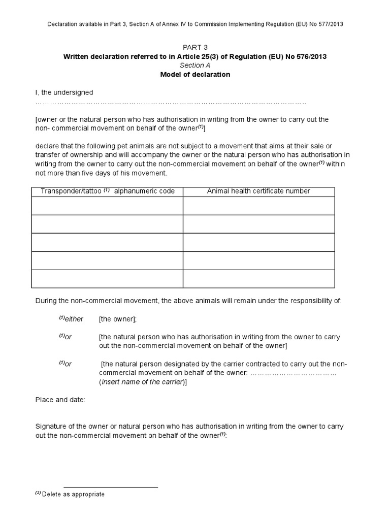 Pet Travel Declaration Non Commercial Movement (1)