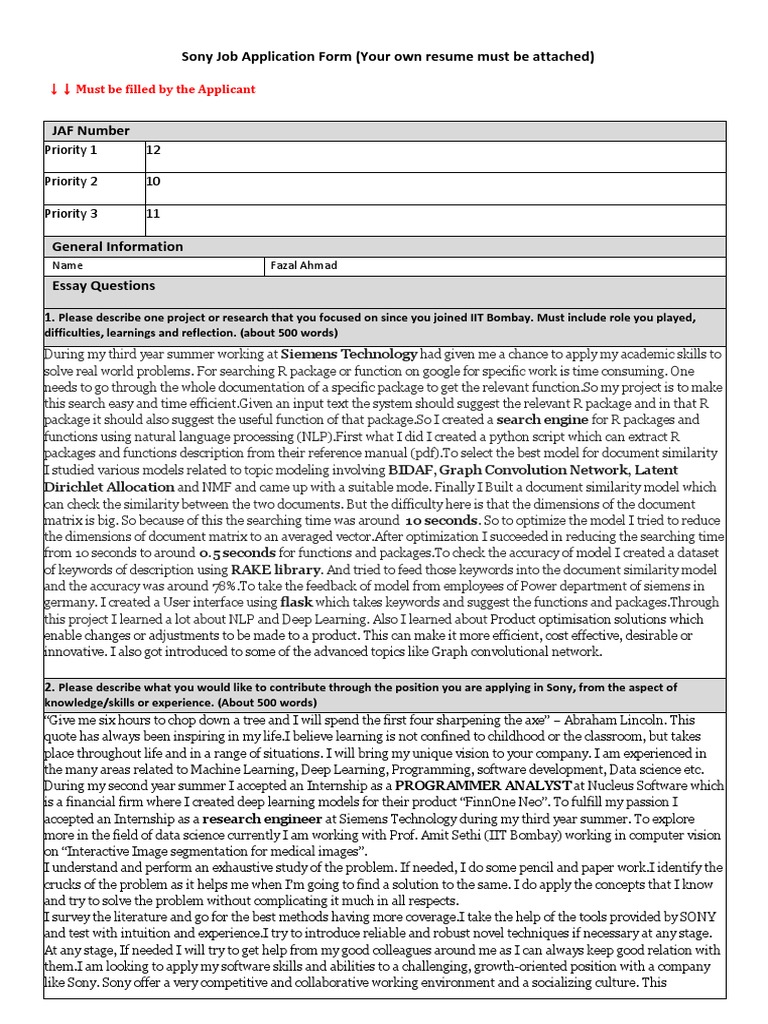 Sony Job Application Form (Your Own Resume Must Be Attached) | PDF ...