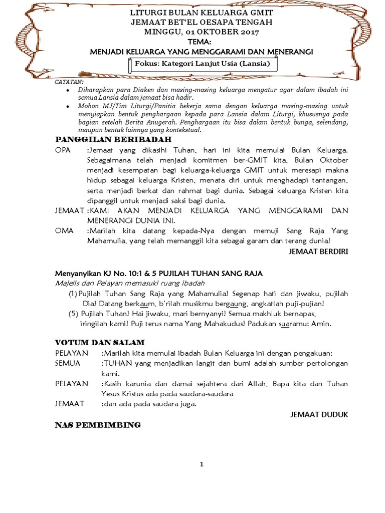 Liturgi Bulan Keluarga Gmit Jemaat Bet El Oesapa Tengah Minggu, 01 ...