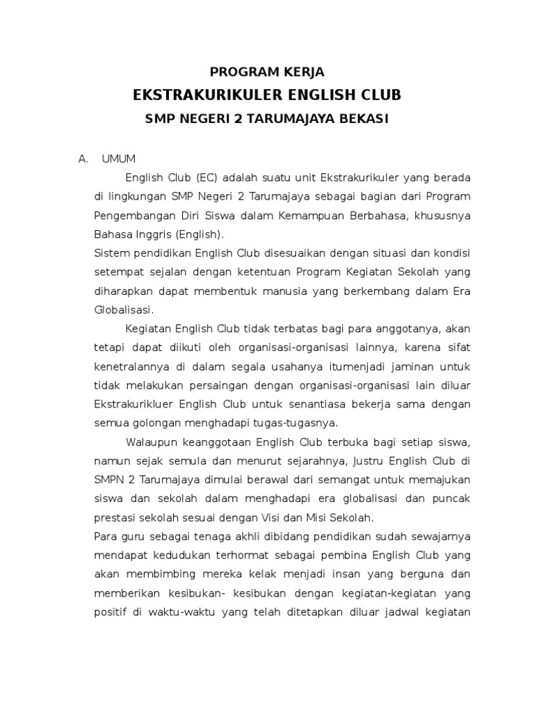 Program Kerja English Club 2019 | PDF