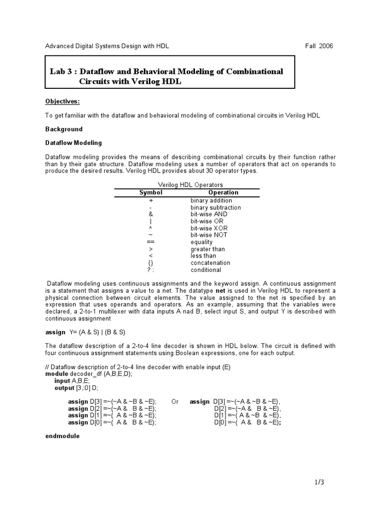 Lab 3: Dataflow and Behavioral Modeling of Combinational Circuits With ... Lab 3: Dataflow and Behavioral Modeling of Combinational Circuits With ...