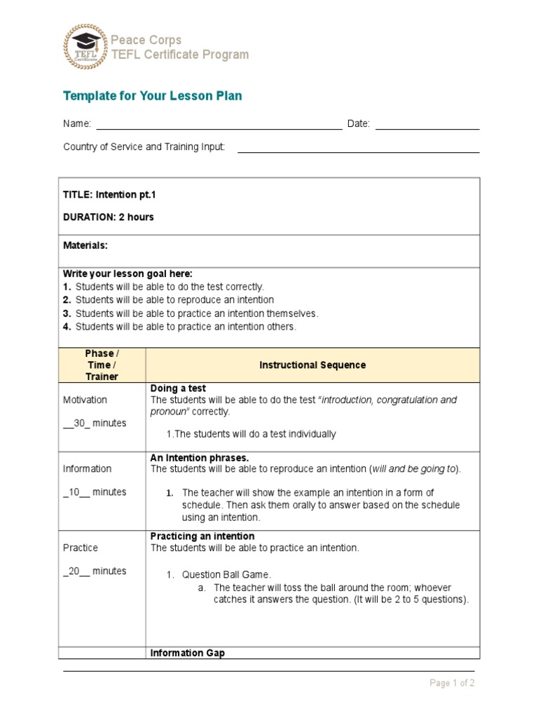 Template For Your Lesson Plan: Peace Corps TEFL Certificate Program ...