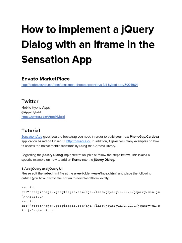 How To Implement A Jquery Dialog With An Iframe In The Sensation App Pdf J Query Html Element