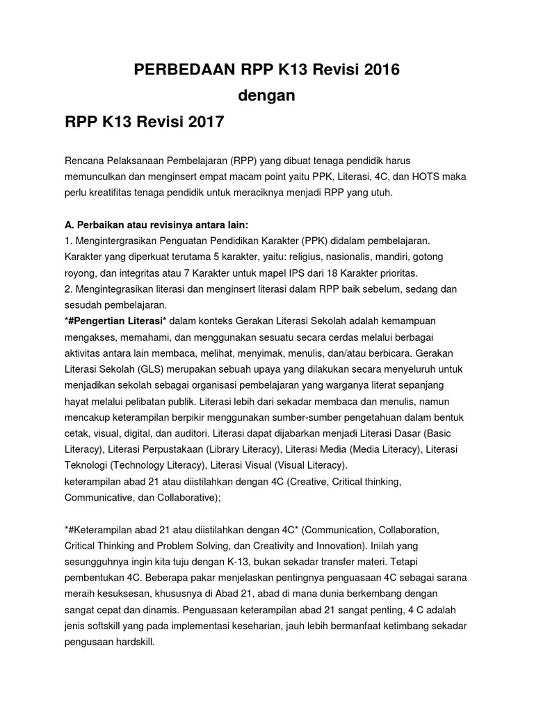 Perbedaan RPP k13 Revisi 2016 Dengan RPP k13 Revisi 2017 | PDF