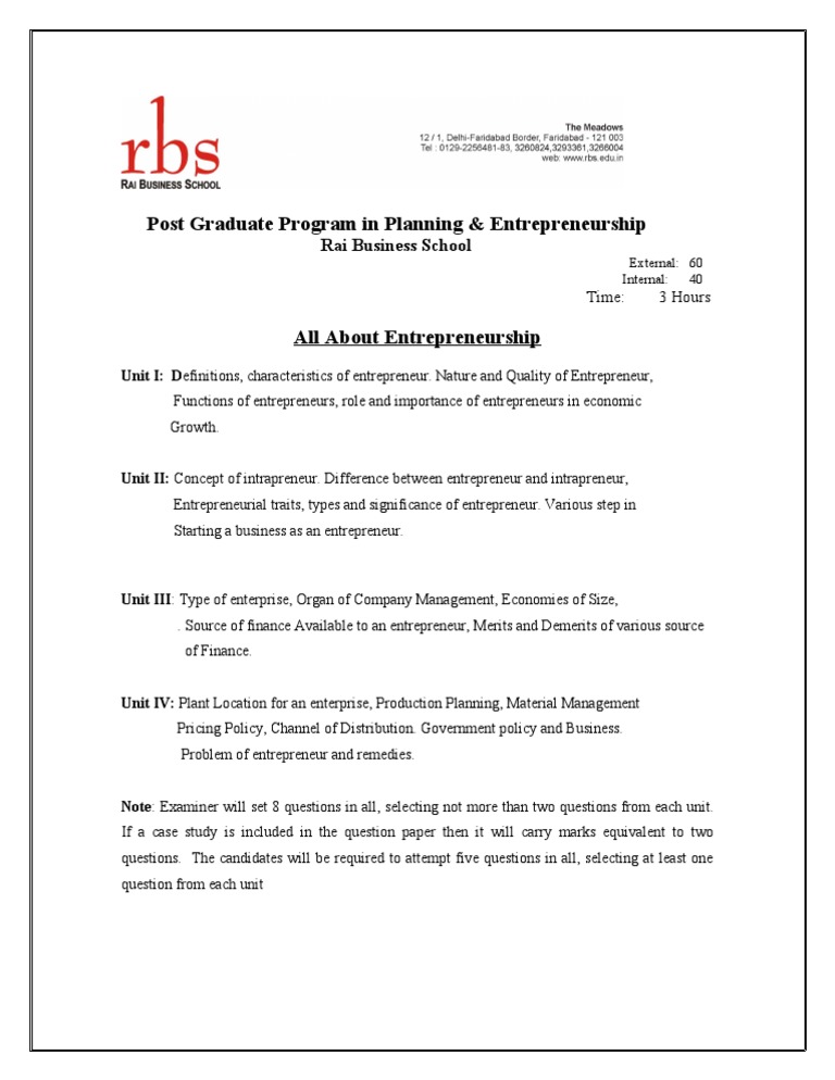 Post Graduate Program in Entrepreneurship | PDF