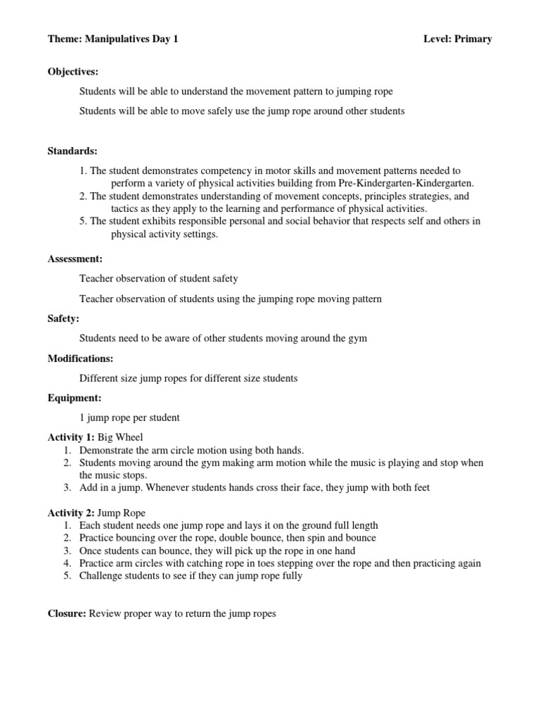 Jump Rope Skills for Primary Students | PDF | Career & Growth