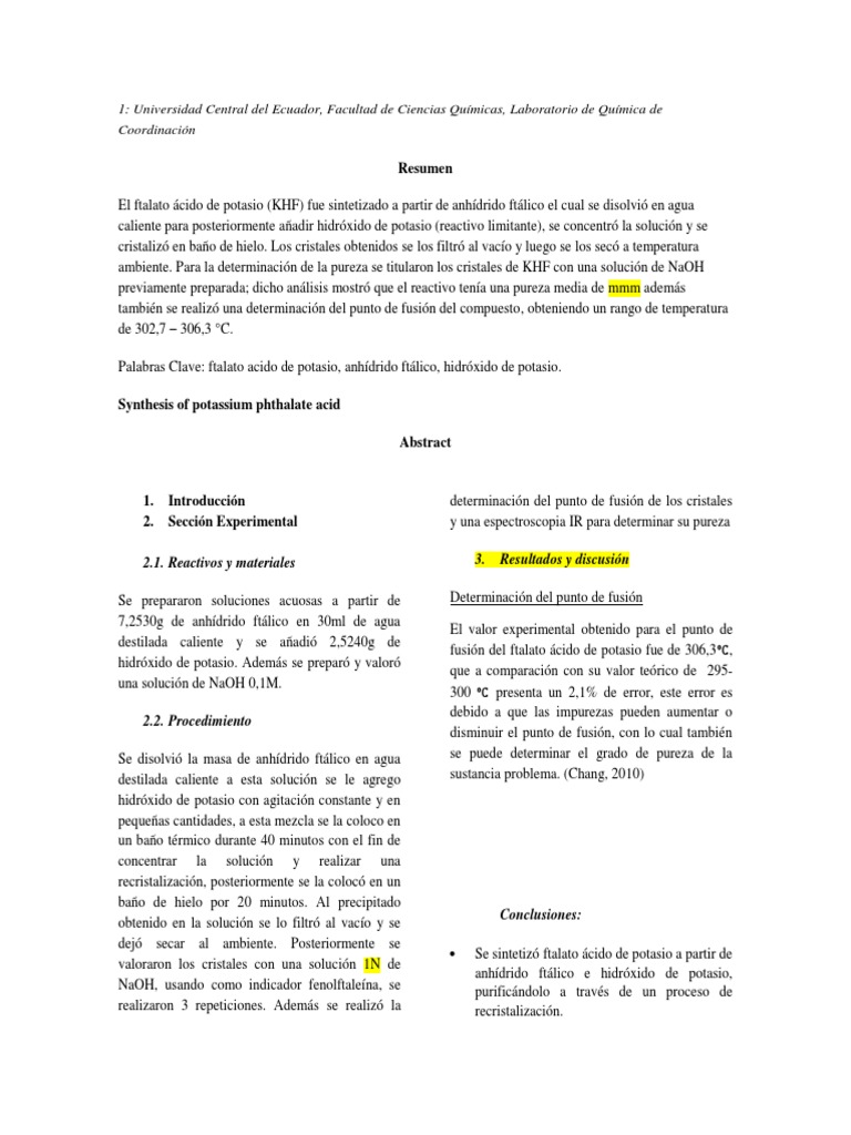 Síntesis y análisis de ftalato ácido de potasio | PDF | Punto de fusion ...