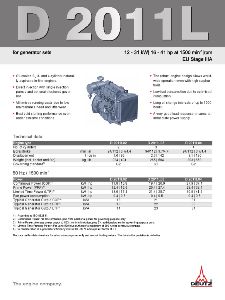 Deutz 2011l03 Specs | PDF | Engines | Kilowatt Hour