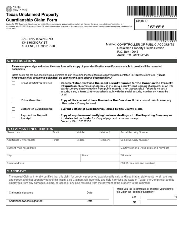 Texas Unclaimed Property Guardianship Claim Form | PDF | Social ...