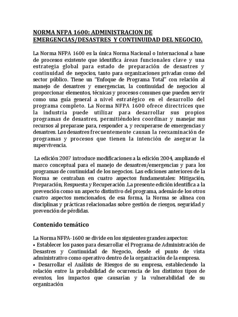 Norma Nfpa 1600 | PDF | Seguridad | Business