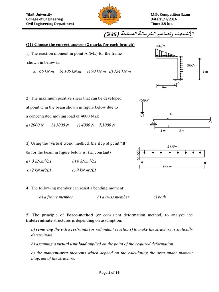 Q1) Choose The Correct Answer (2 Marks For Each Branch) | PDF | Beam (Structure) | Bending