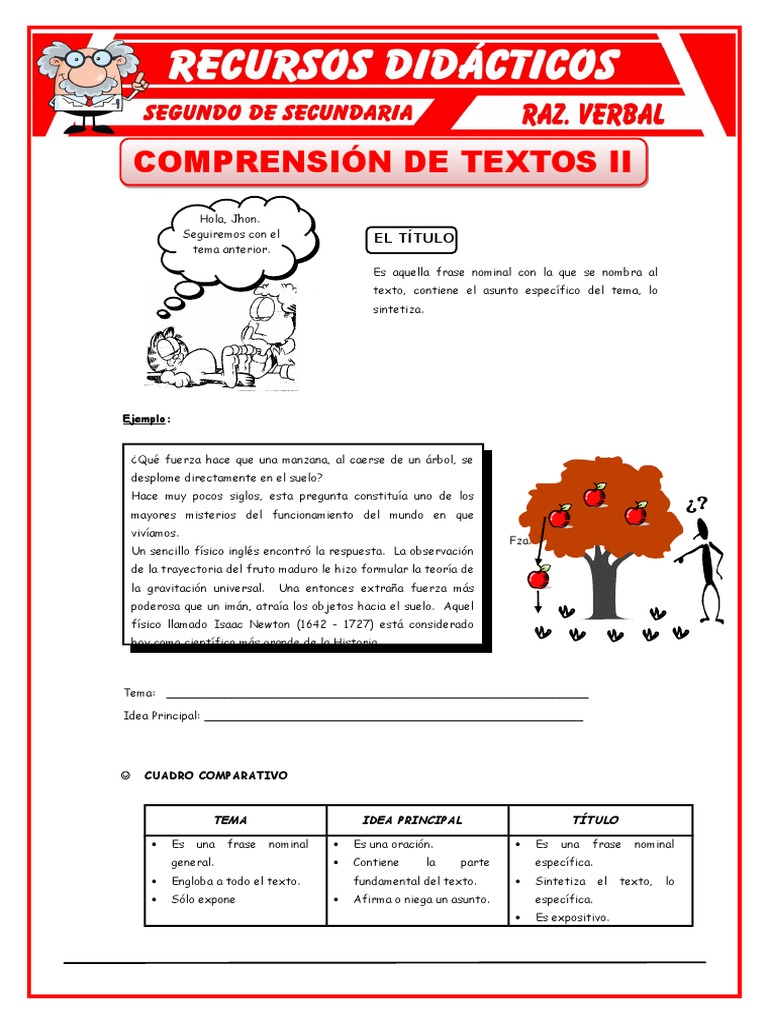 Ejercicios de Comprensión de Textos para Segundo de Secundaria | PDF ...