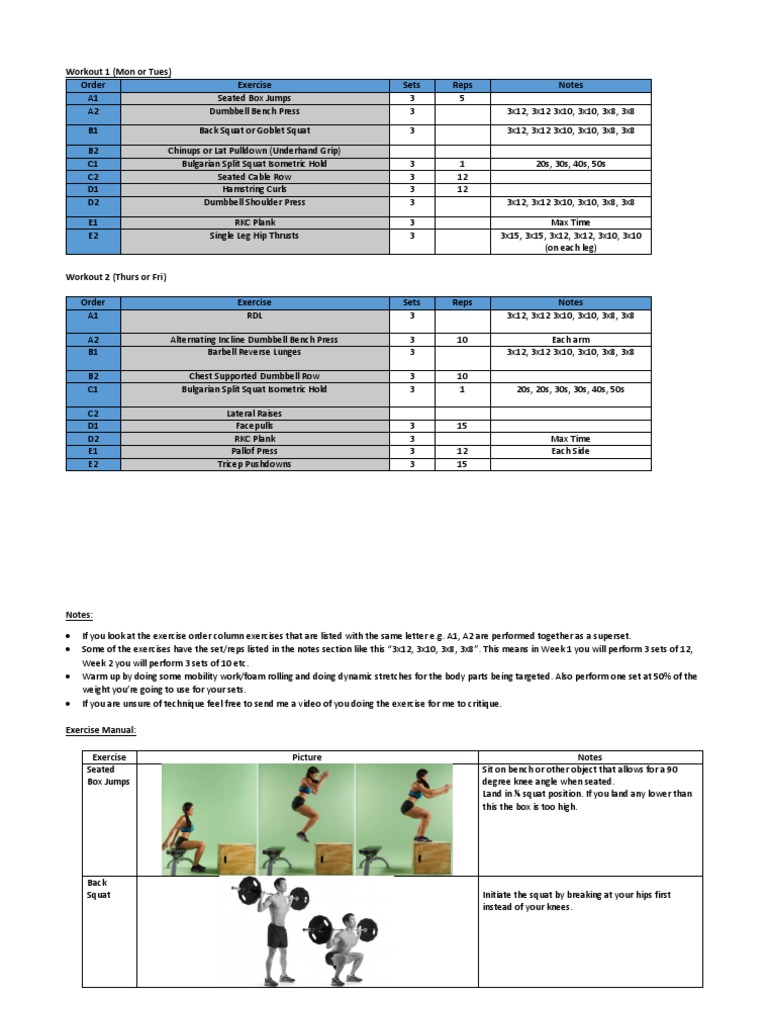 Workout 1 (Mon or Tues) Order Exercise Sets Reps Notes | PDF ...