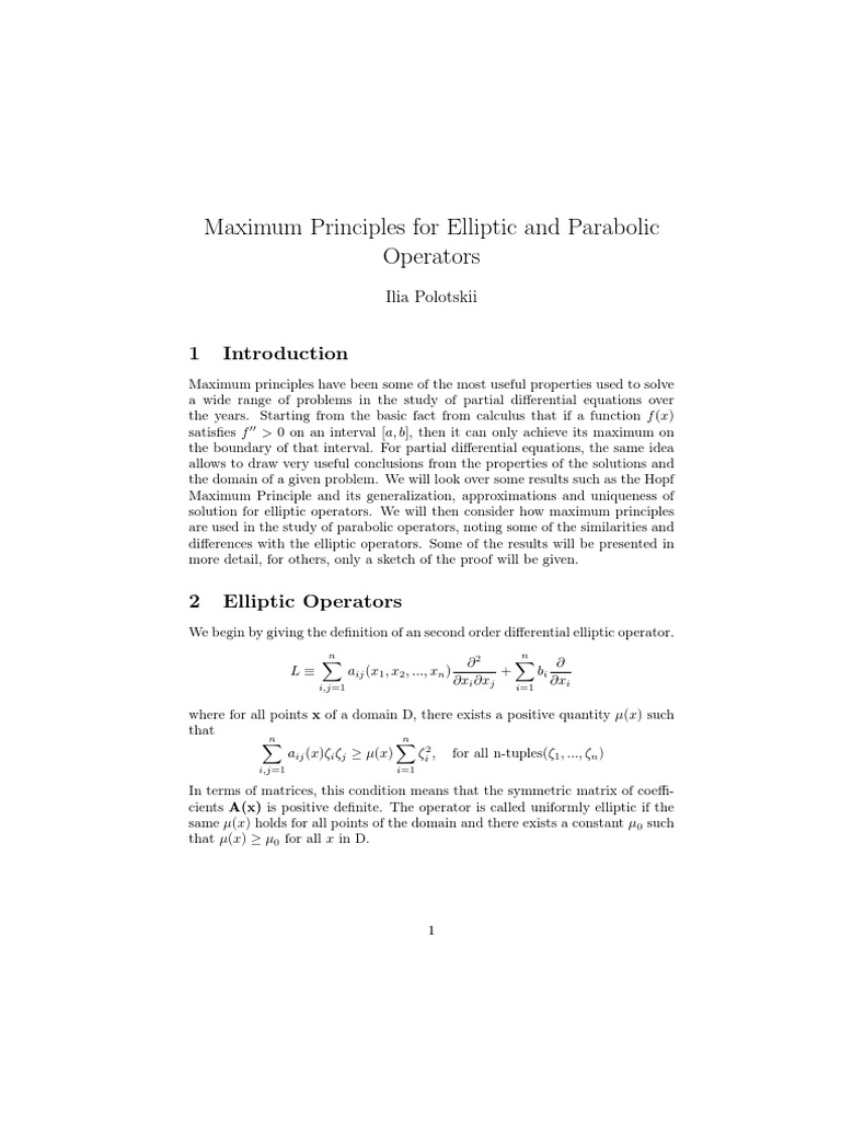 Maximum Principles For Elliptic and Parabolic Operators: Ilia Polotskii | PDF | Function ...
