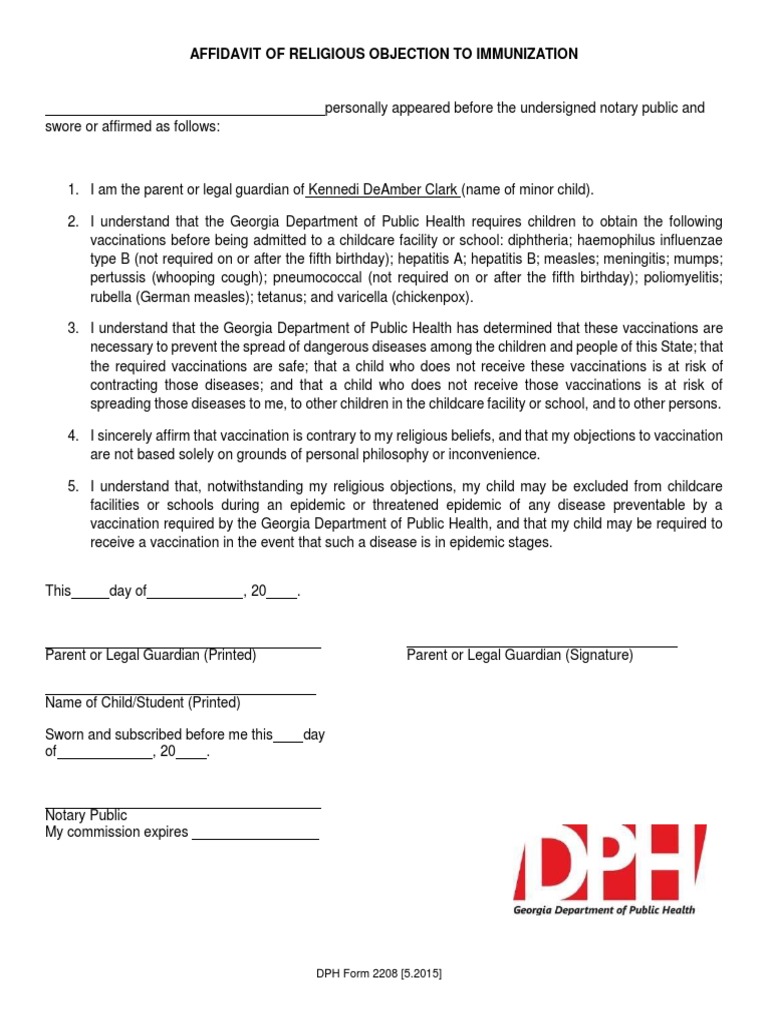 Affidavit of Religious Objection To Immunization: DPH Form 2208 (5.2015 ...