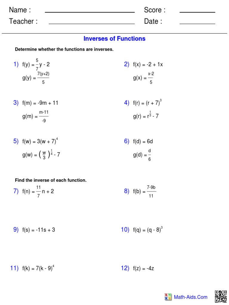 Name: Teacher: Date: Score:: Inverses of Functions | PDF