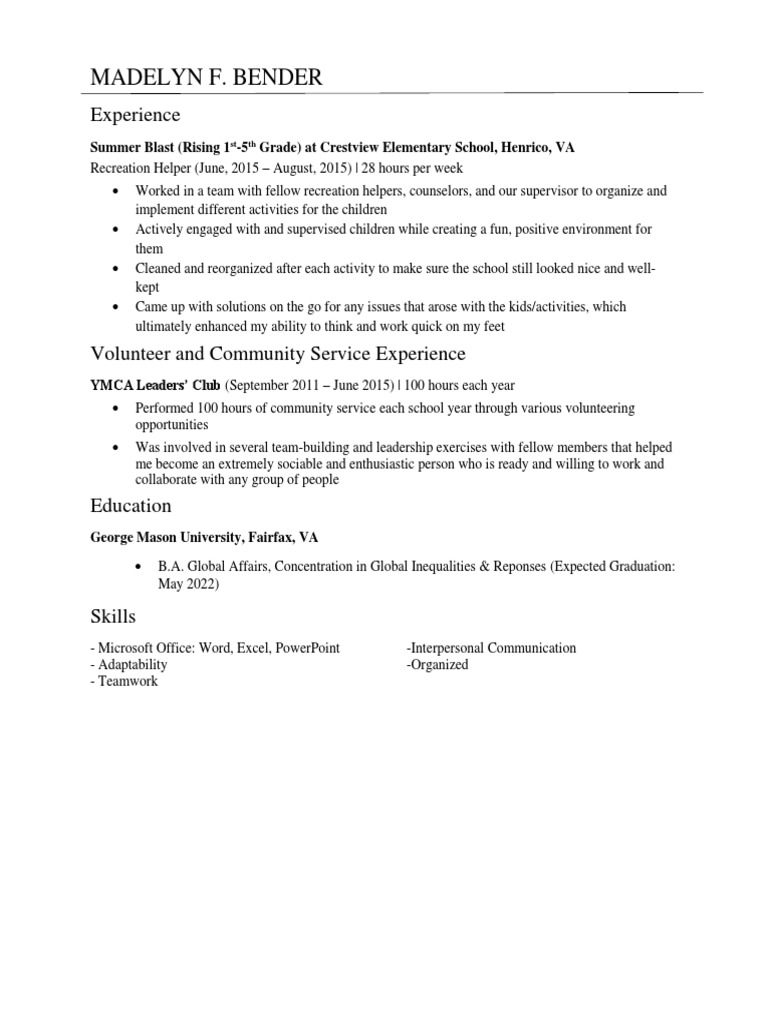 Madelyn Bender's Experience & Skills Summary | PDF | Wellness