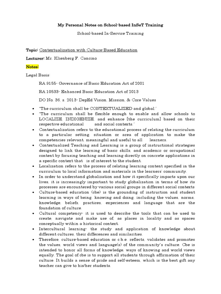 My Personal Notes on School-based InSeT Training | PDF | Curriculum ...