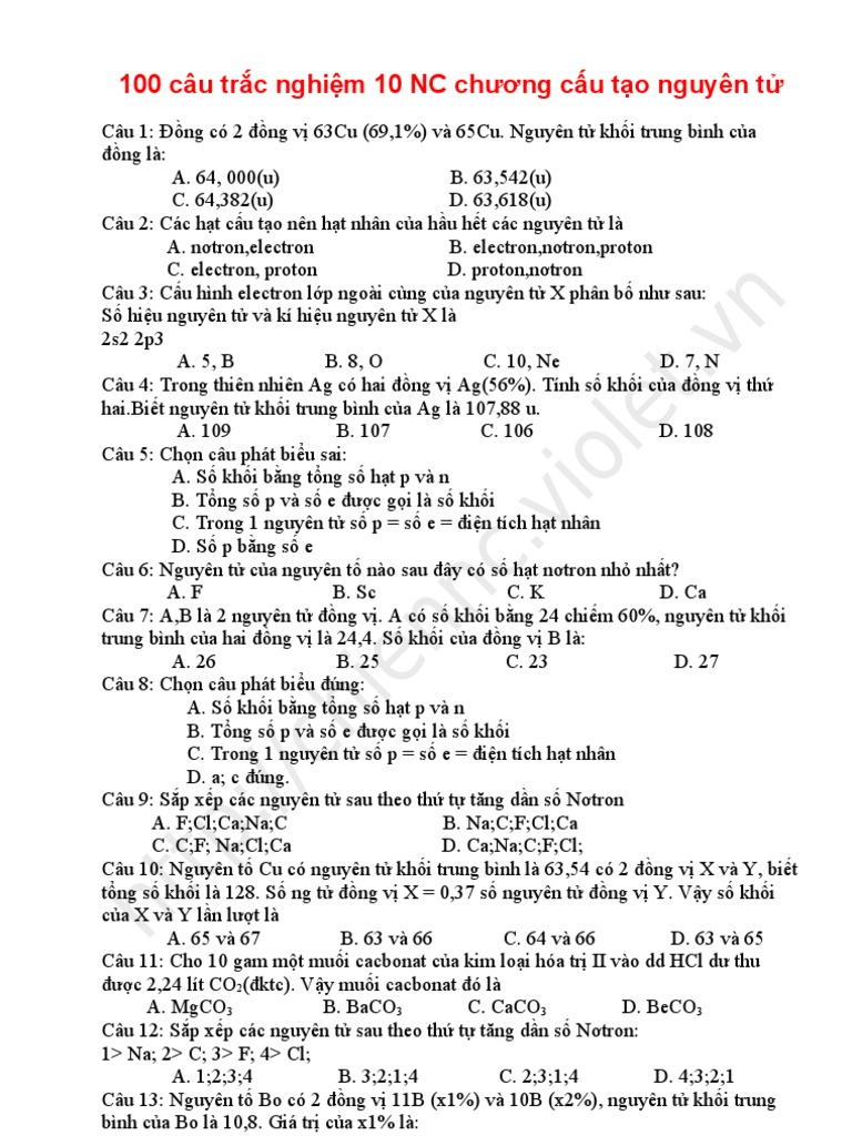 100 Cau Trac Nghiem 10 NC Chuong Cau Tao Nguyen Tu | PDF